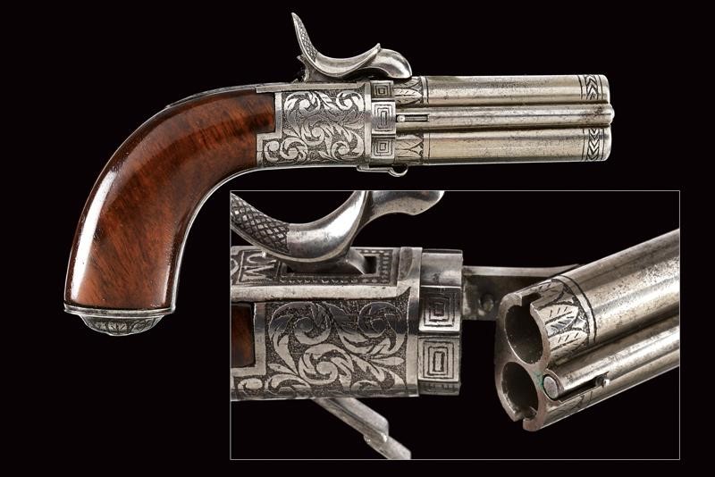 A very rare over-and-under-barreled pin-fire system pistol about 1870 ...