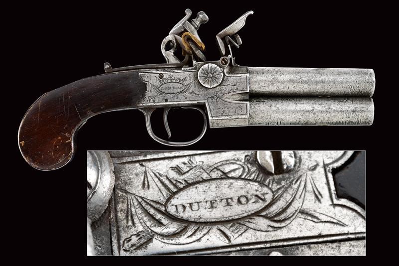 An over-and-under-barreled flintlock pocket pistol by Dutton circa 1800 ...