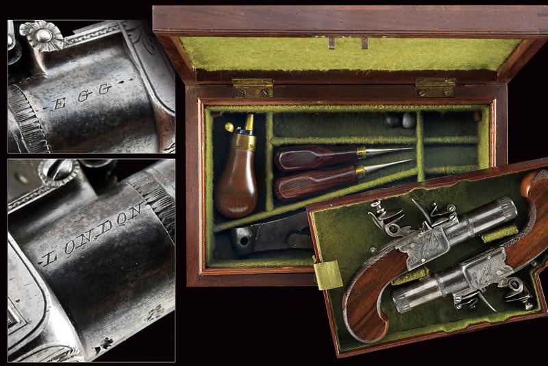 A beautiful and rare pair of cased flintlock pocket pistols by Egg ...