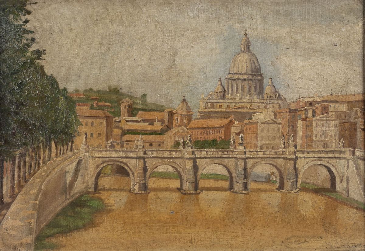 Carlo Socrate - Veduta del Tevere con San Pietro prima della ...