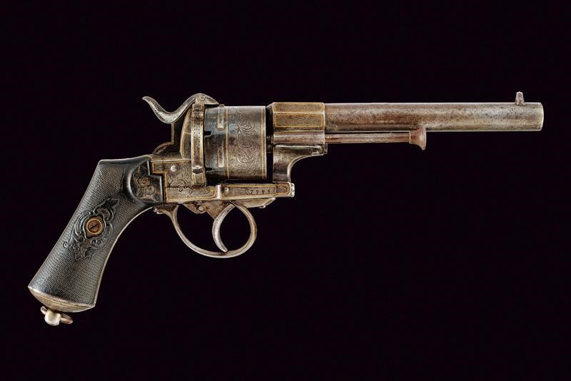 A fine engraved and gilded pin-fire Lefaucheux revolver about 1870 ...