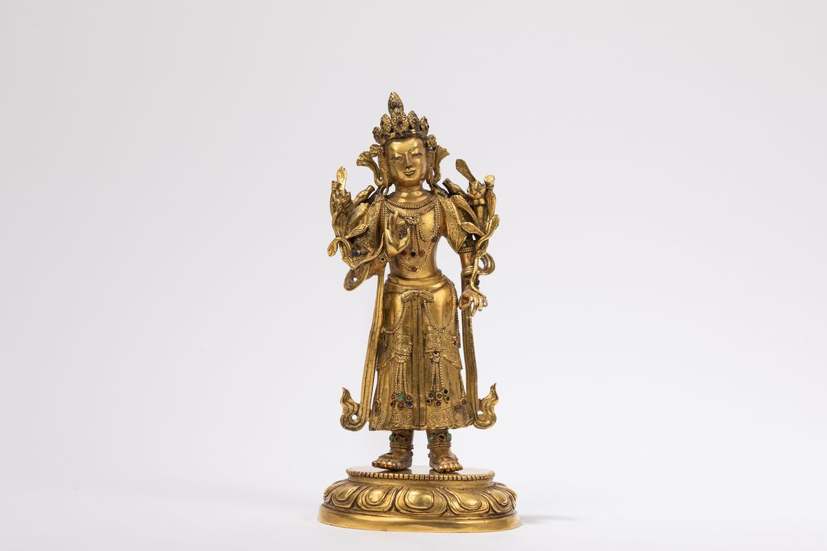 A RARE GILT-BRONZE FIGURE OF A STANDING BODHISATTVA Tibet, 18th century ...