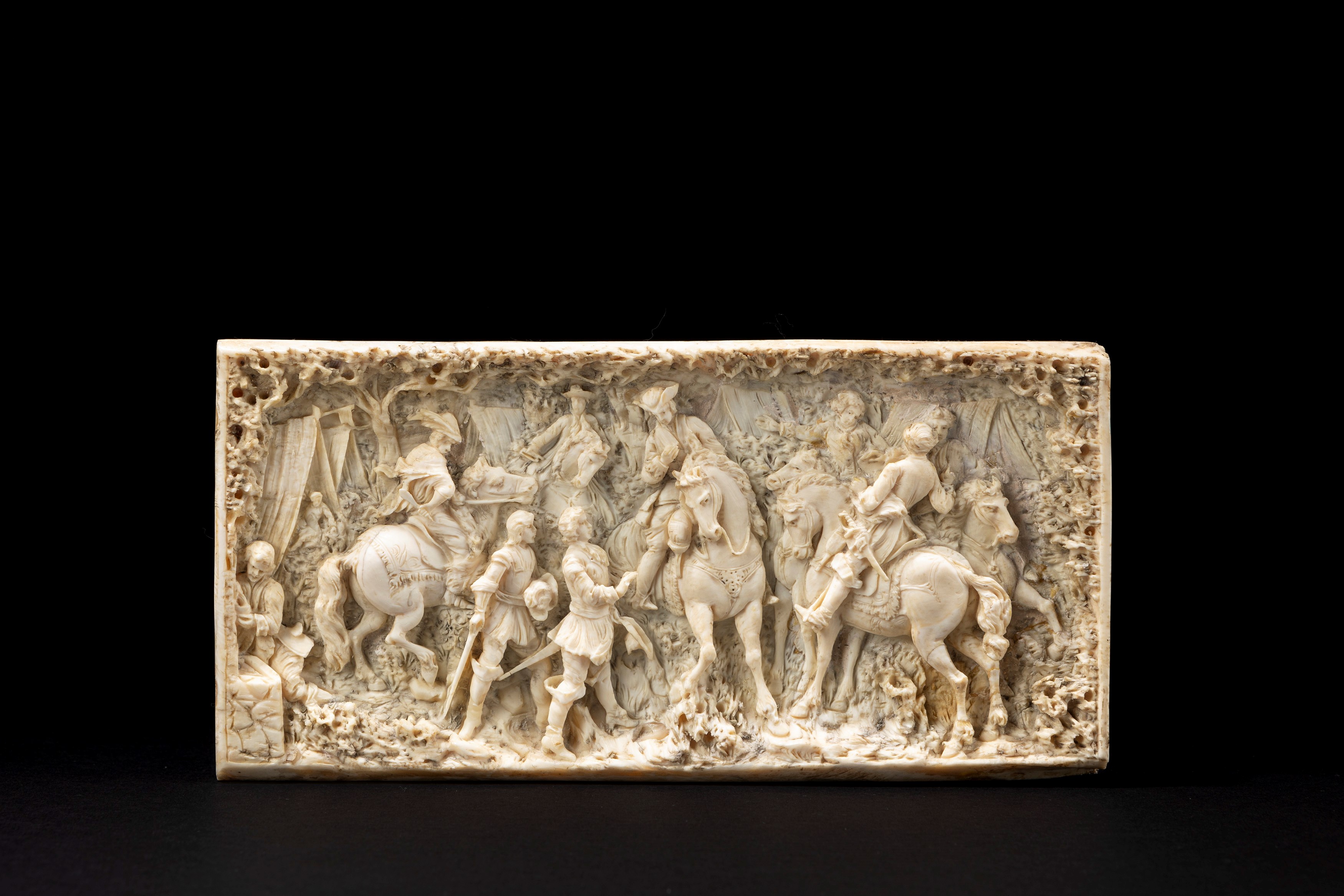 ☼Finely carved ivory plaque depicting knightly scene in an encampment ...