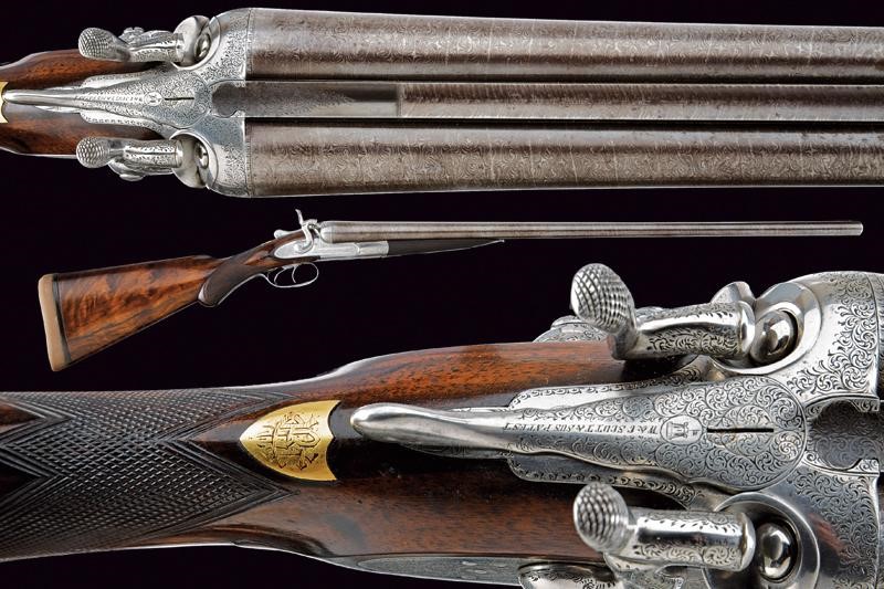 A beautiful double-barreled center fire shotgun with external cocks by ...