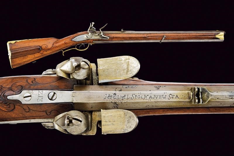 A rare 1768 model flintlock "Doppelstutzen" signed Michael Spock ...