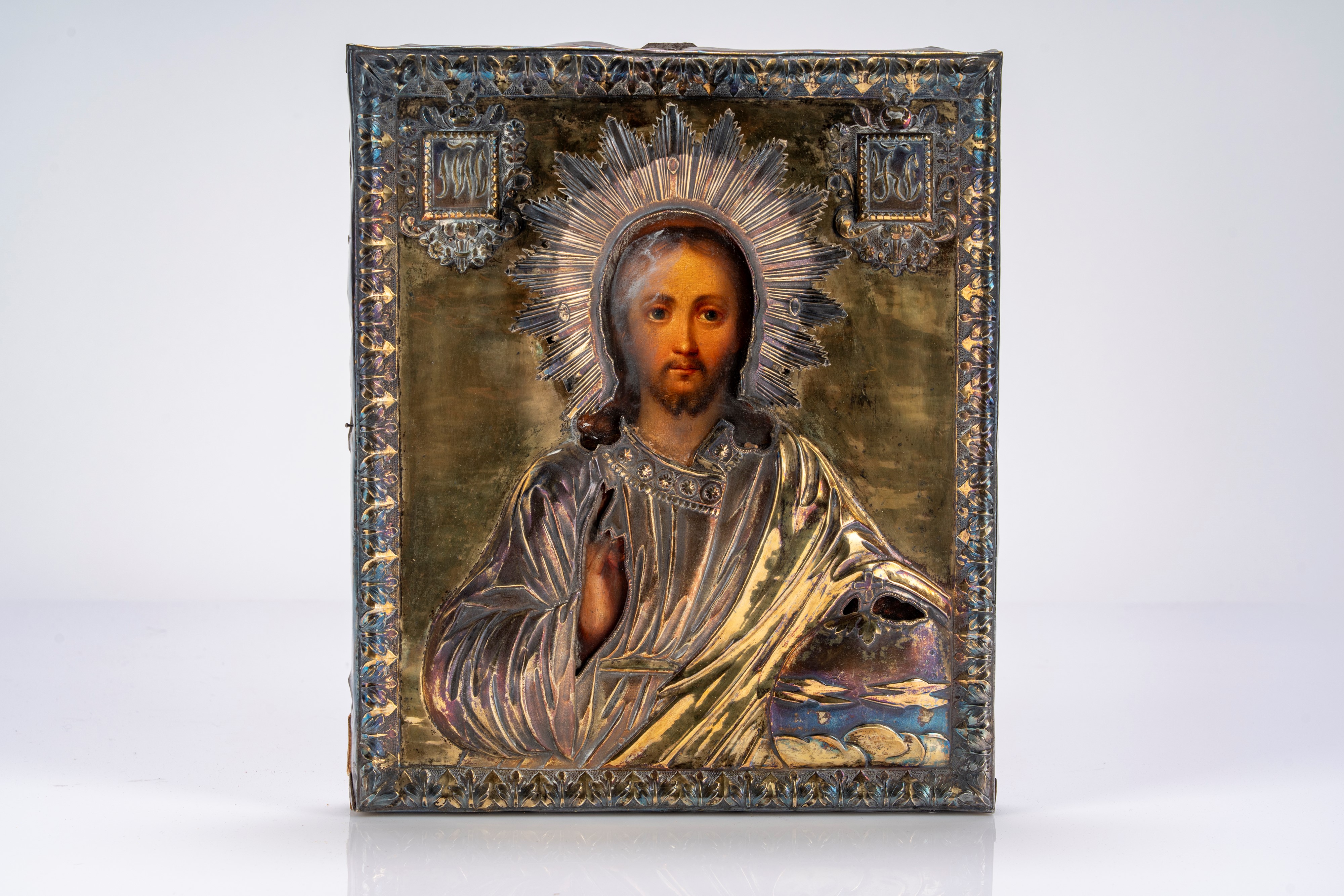Tempera on panel icon depicting Christ Salvator Mundi with vermeil riza ...