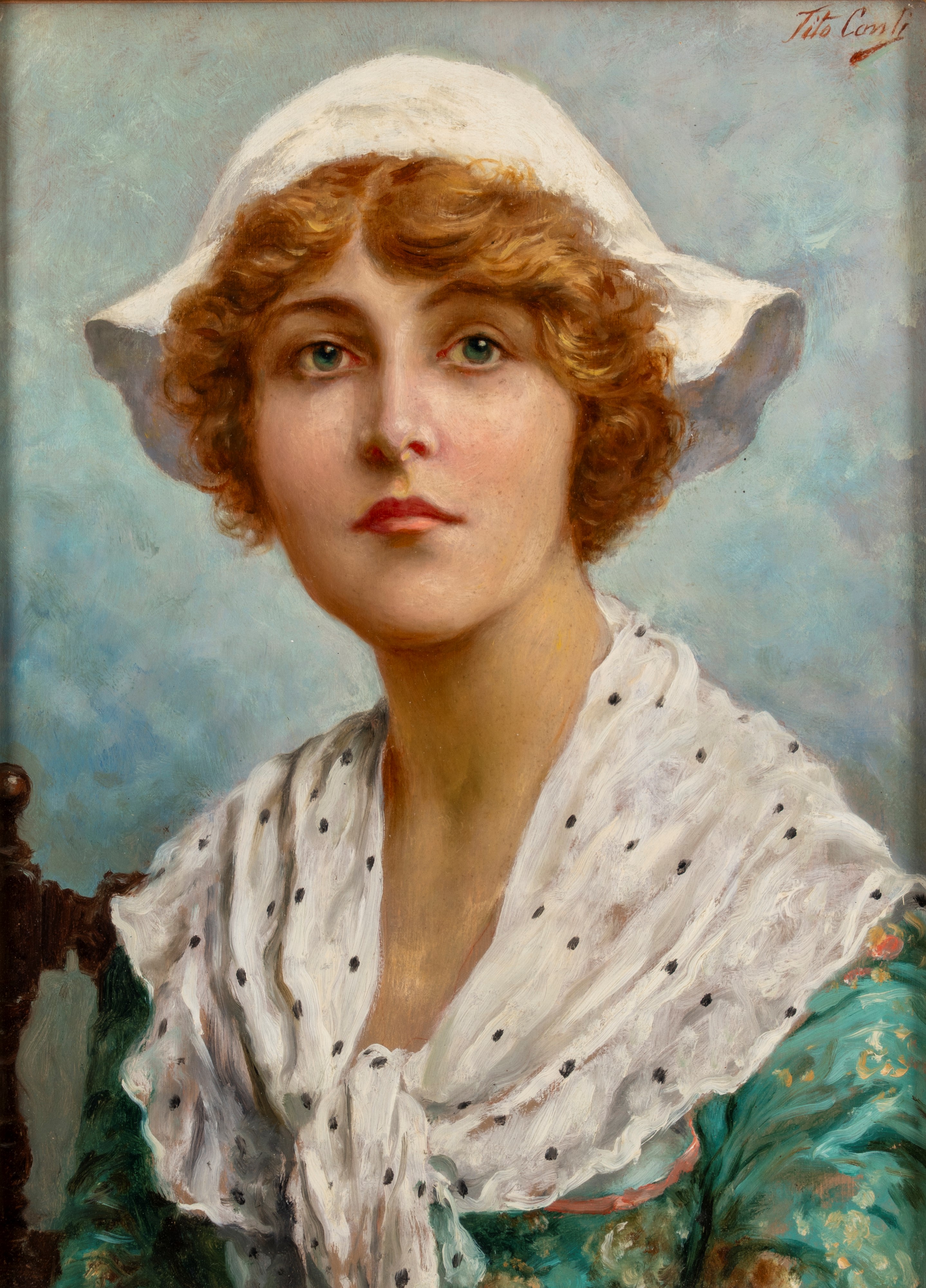 Tito Conti - Portrait of a young woman with a white hat | 19th and ...