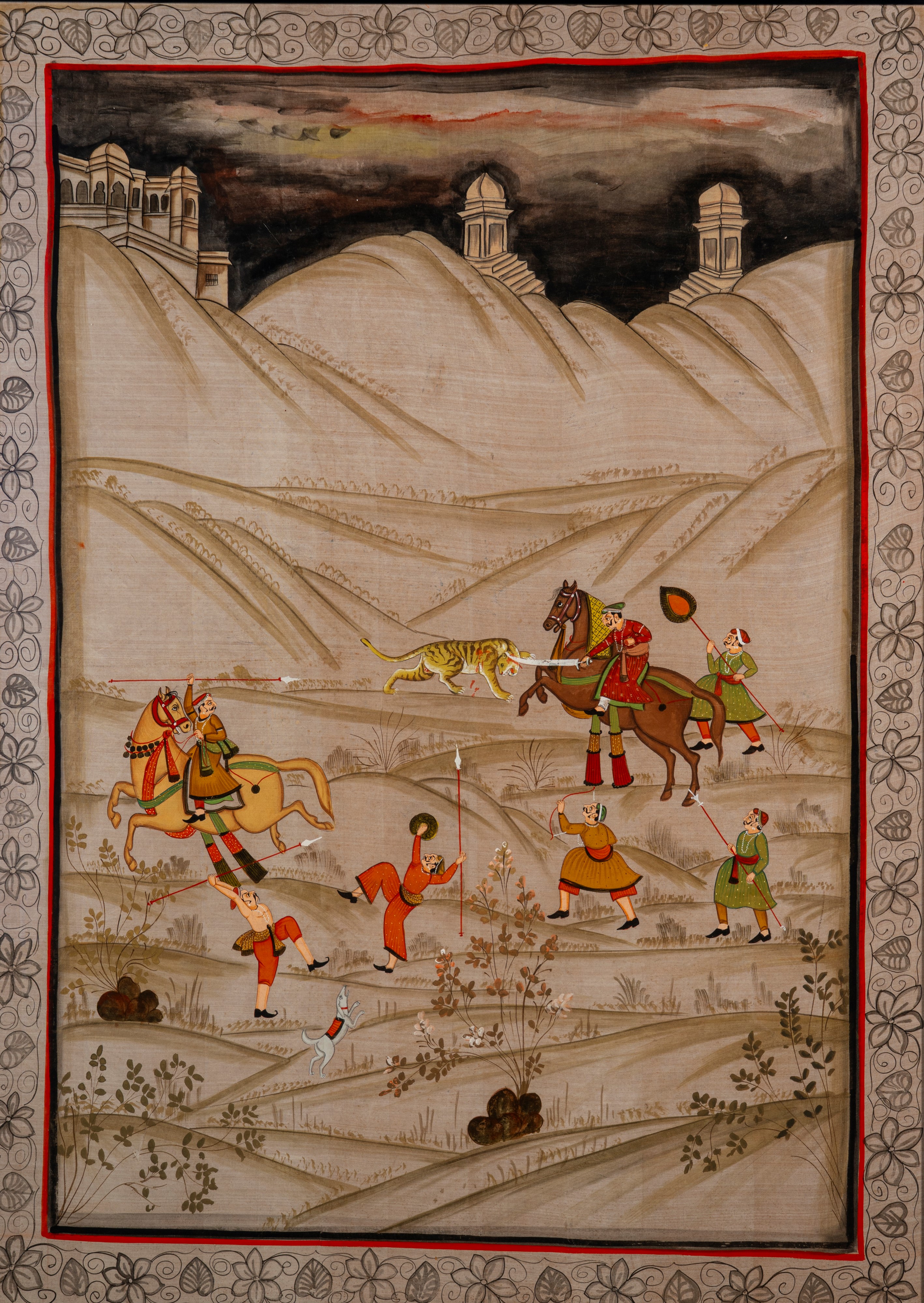 Painting on silk depicting a tiger hunting scene Northern India ...
