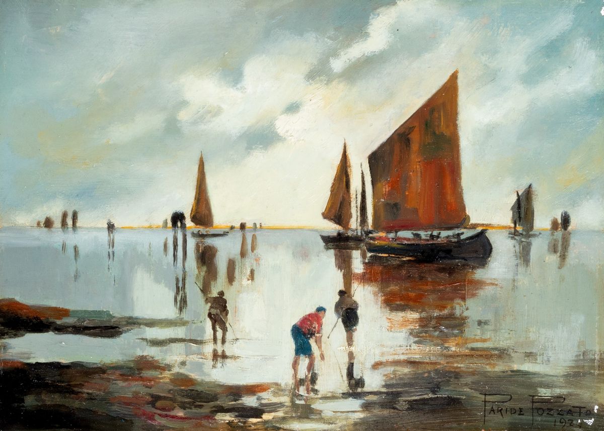 Paride Pozzato - Boats and fishermen in the lagoon | 19th and 20th ...