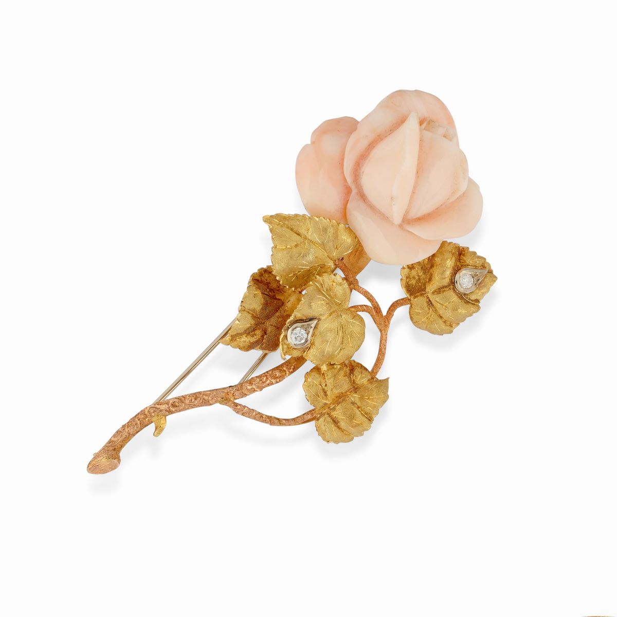 Spilla in oro bicolore 18k, corallo rosa e diamanti | Gioielli ...