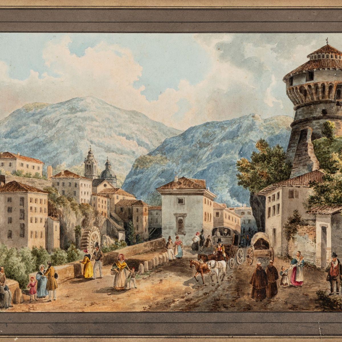 Ambito di Giovanni Migliara, secolo XIX - Paesaggio lombardo con figure ...