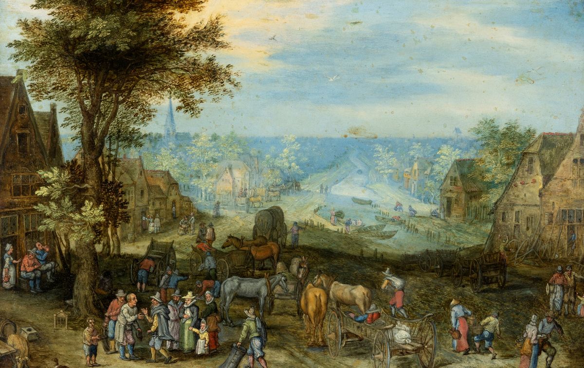 Cerchia di Sebastiaan Vrancx (Anversa, 1573 – 1647) - View of a village ...